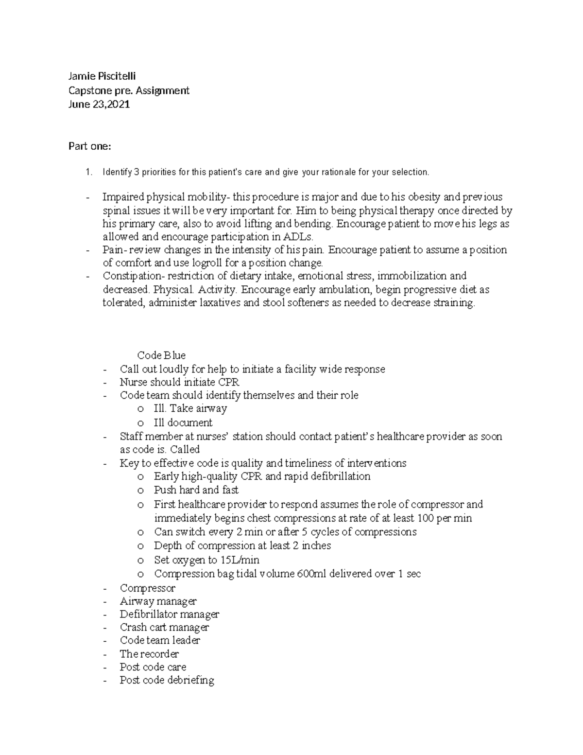 Capstone Sim: Priorities for Patient Care & Code Blue Response - Studocu