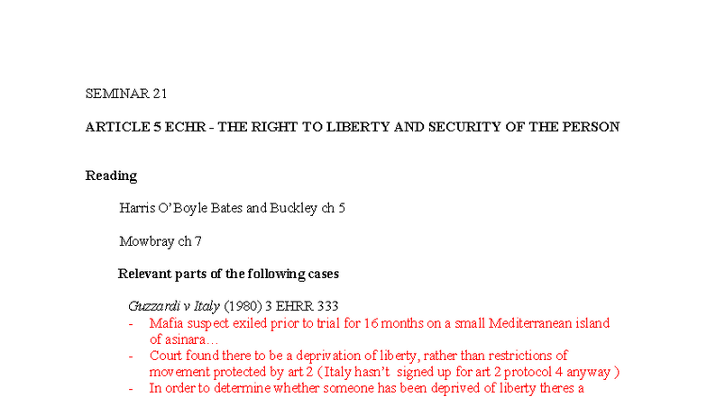 Week 21 - Seminar 19 - Article 5 ECHR: Right to Liberty & Security ...