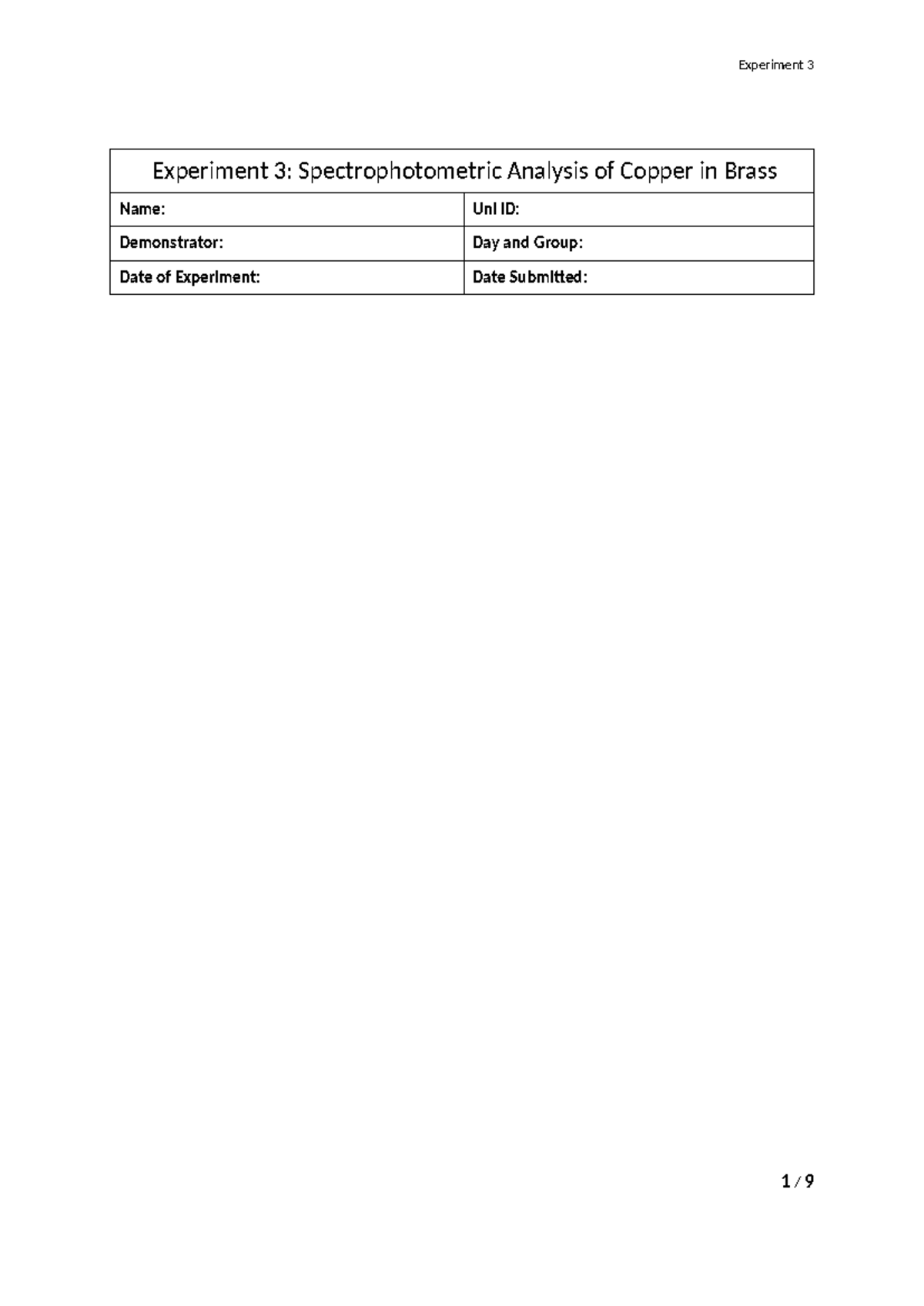 Lab 3 CHEM1101: Spectrophotometric Analysis of Copper in Brass - Studocu