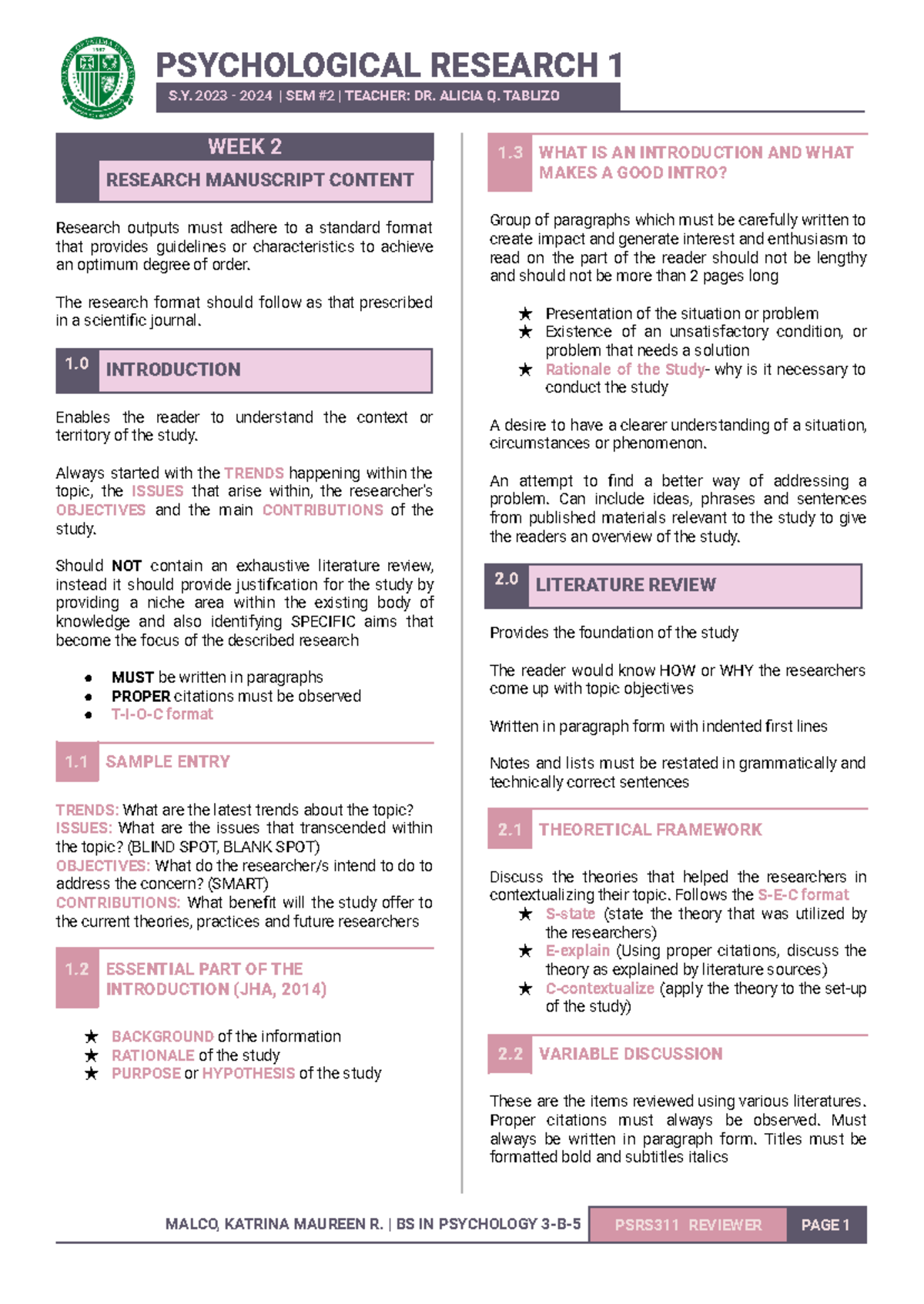 PSRS311 - Transes - Lecture Notes: Key Research Guidelines & Format ...