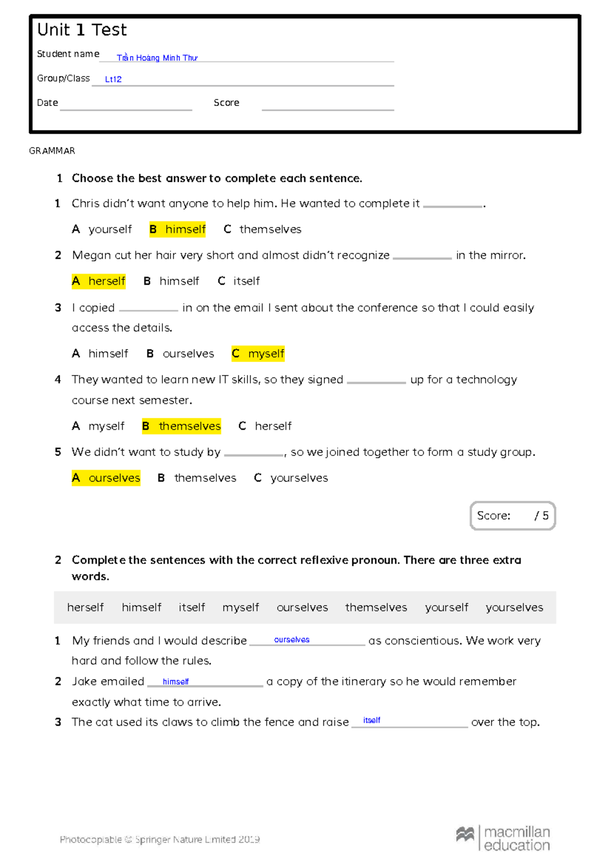 Unit 1 Test - Grammar & Vocabulary Review (Lt12) - Studocu