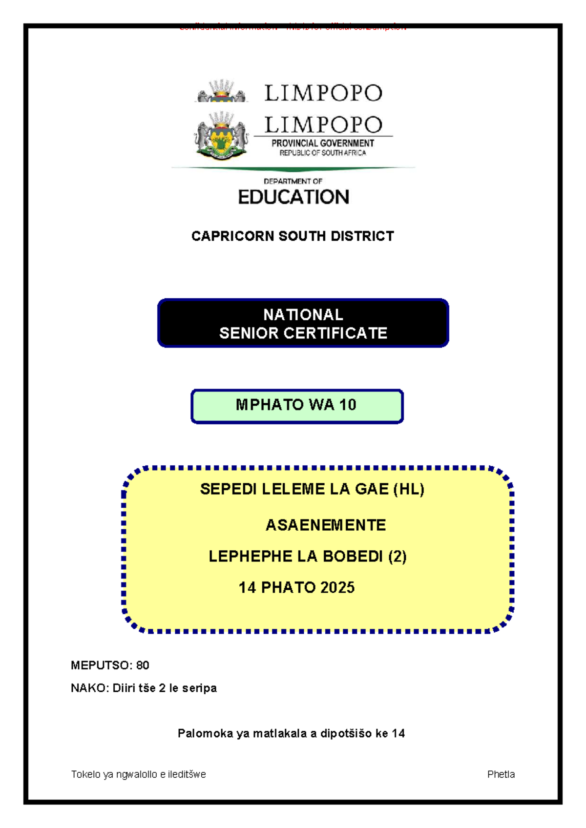Sepedi Leleme la Gae P2 - Mphato wa 10 - Mošongwana wa 8 Exam 2025 ...