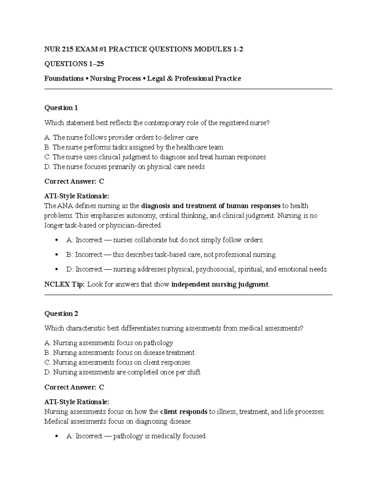NUR 215 EXAM 1 Practice Questions: Foundations of Nursing Process - Studocu