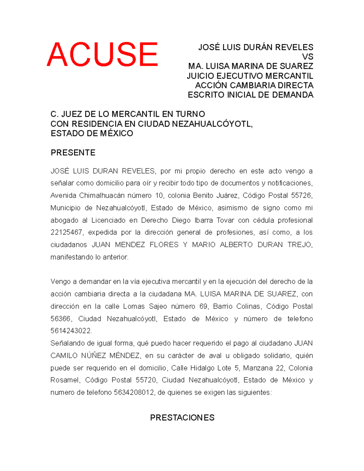 Acuse de Demanda Ejecutiva Mercantil - José Luis Duran vs. MA. Luisa Marina - Studocu