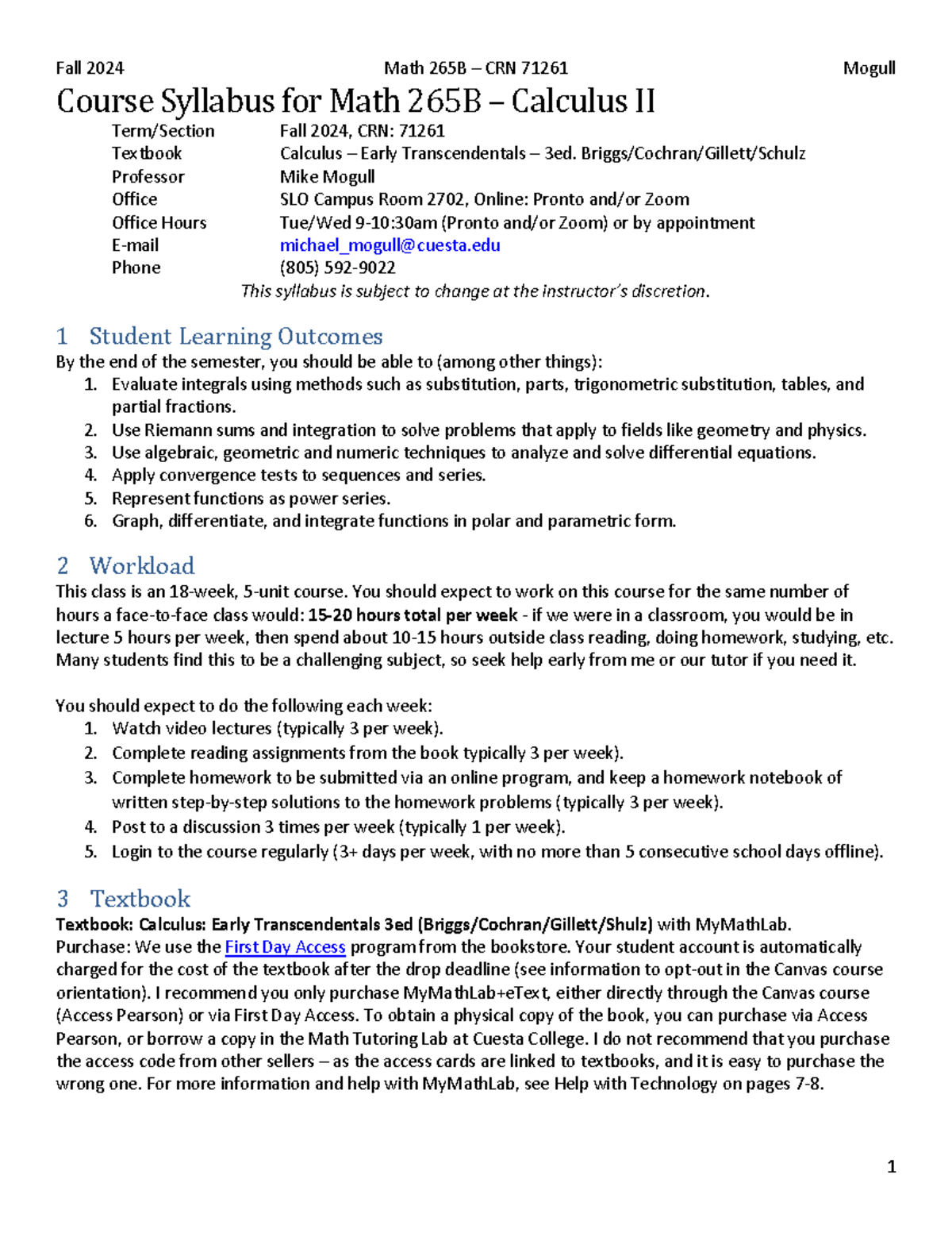 Math 265 B - Calculus II Course Syllabus for Fall 2024 - Studocu