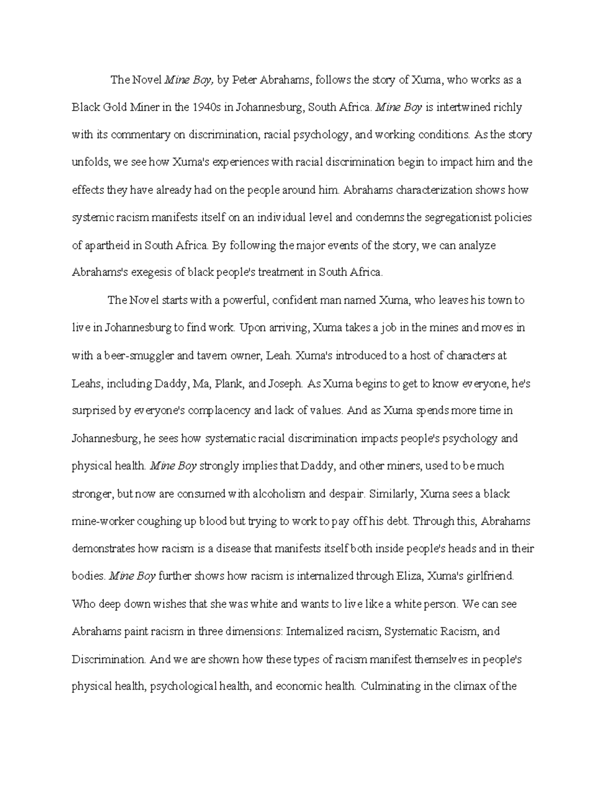 Mine Boy (Novel Analysis) - Exploring Racism in Abrahams' Work - Studocu
