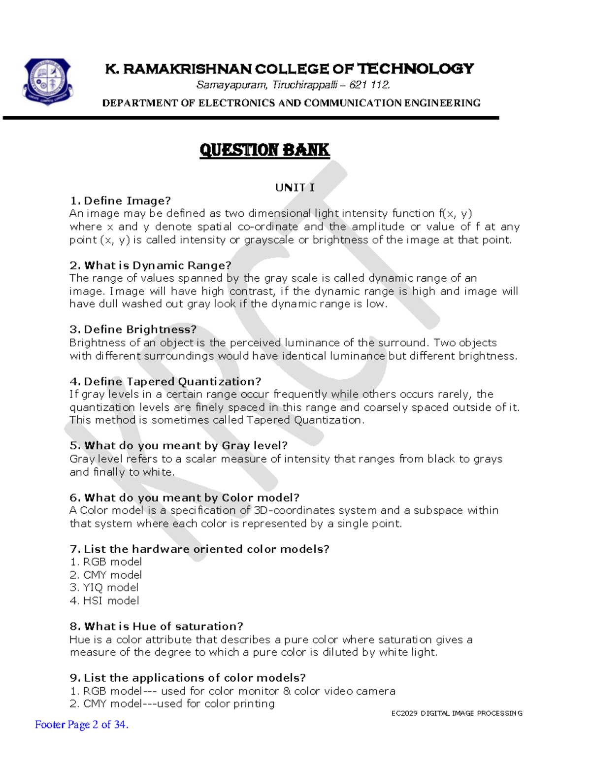 Dip-QB-RANG - Question Bank - EC2029 DIGITAL IMAGE PROCESSING K. RAMAKRISHNAN COLLEGE OF ...