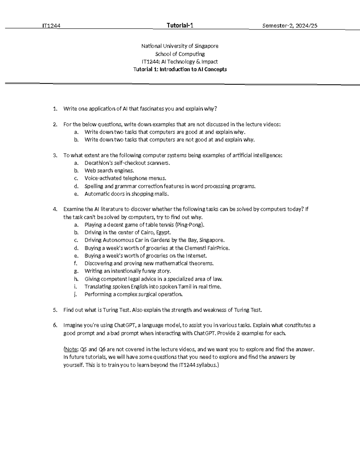 Tutorial-1 - alecture - IT1244 Tutorial-1 Semester-2, 2024/ National ...