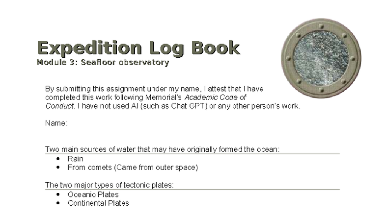 LogBook 03: Expedition Module 3 - Seafloor Observatory Insights - Studocu