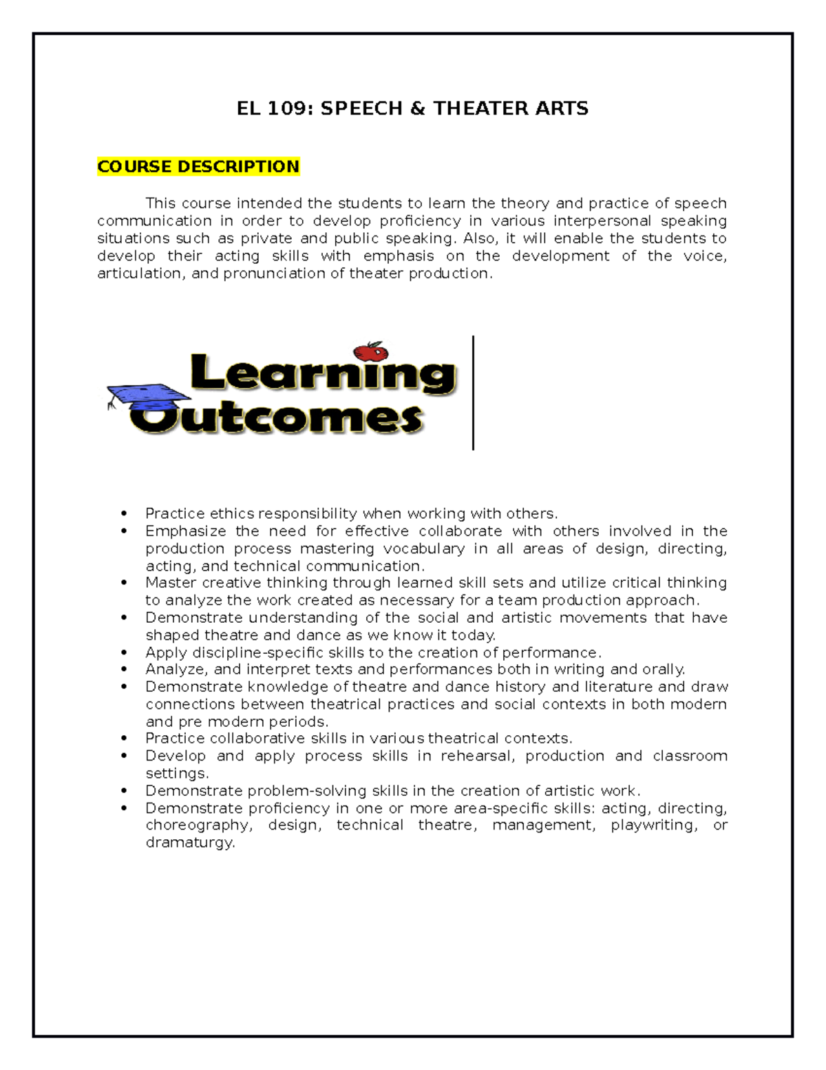 EL 109 Course Review - Speech & Theater Arts Concepts and Skills - Studocu