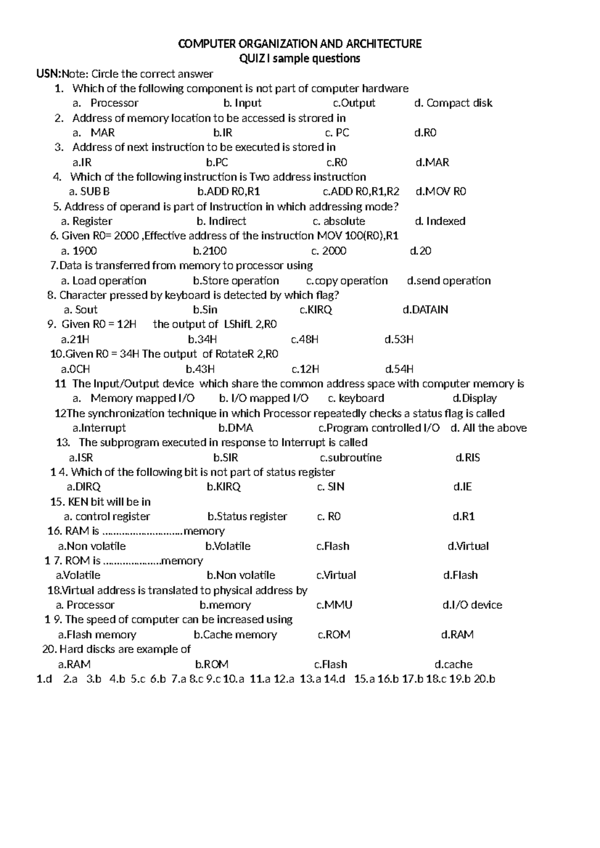 COA 101: Computer Organization & Architecture Quiz I Sample Questions ...