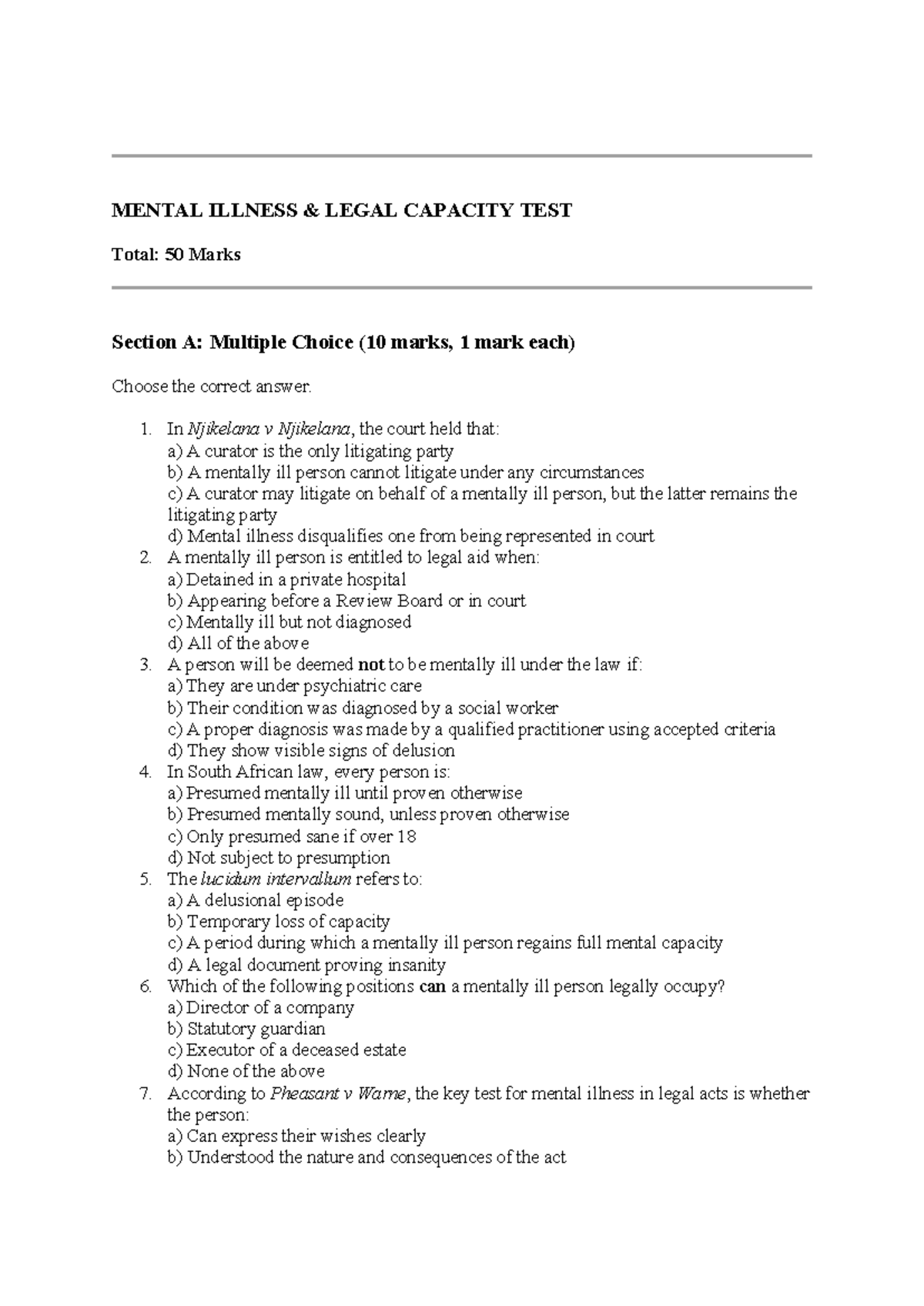 MENTAL ILLNESS LEGAL CAPACITY TEST (50 Marks) - Comprehensive Review ...
