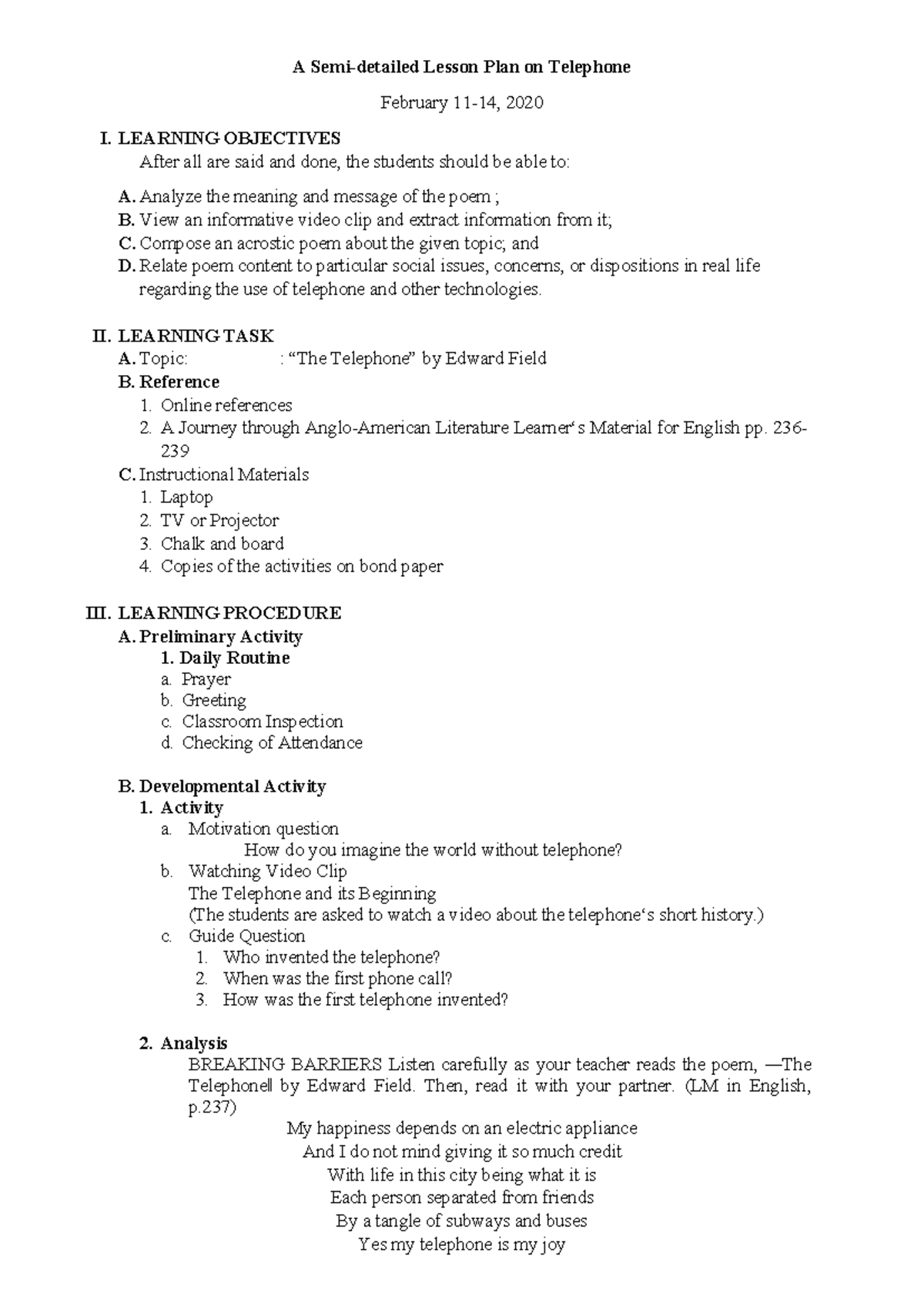 February 11-14, 2020 (Telephone) - A Semi-detailed Lesson Plan on ...