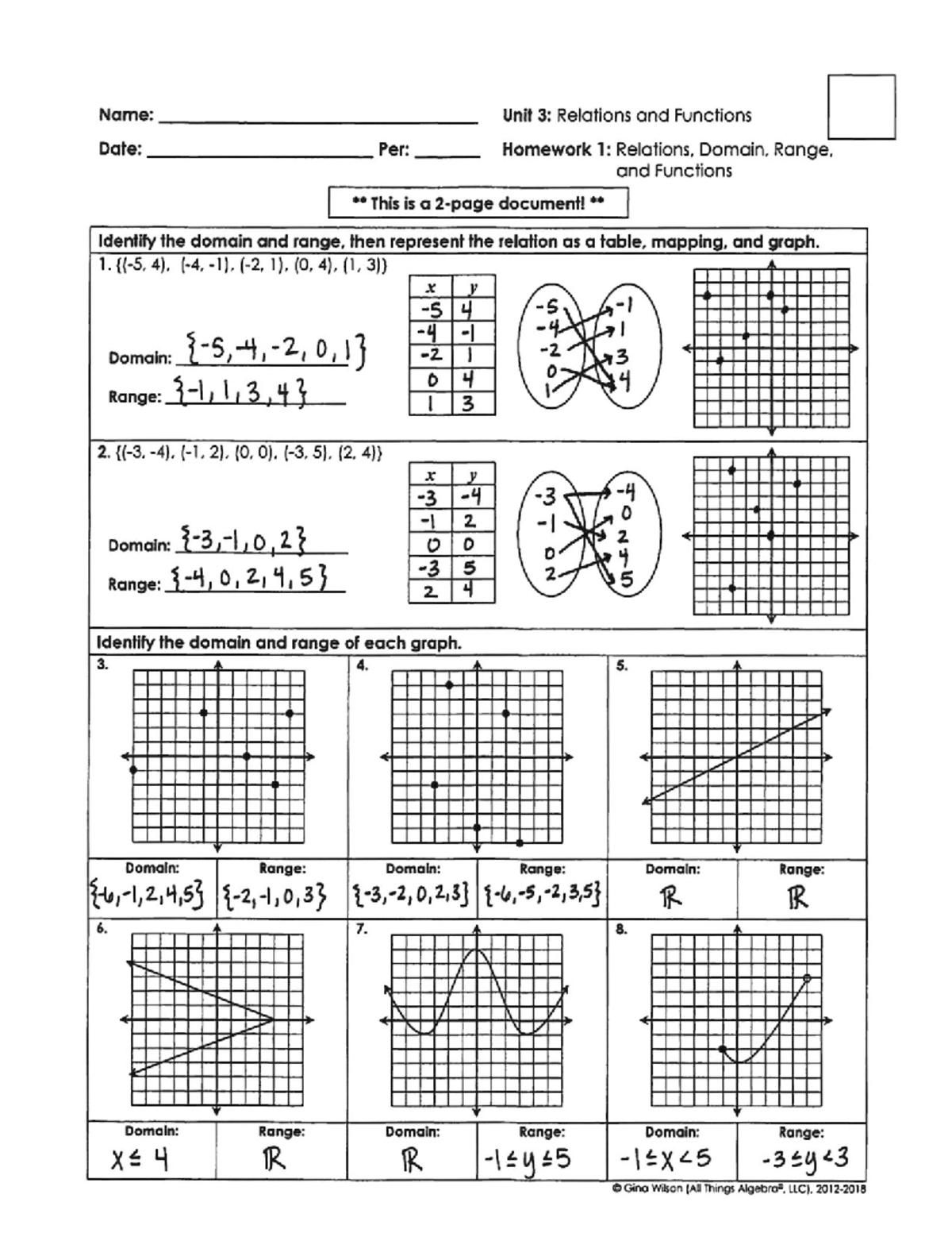 Unit 3: Homework #1 Answer Key on Relations & Functions - Studocu