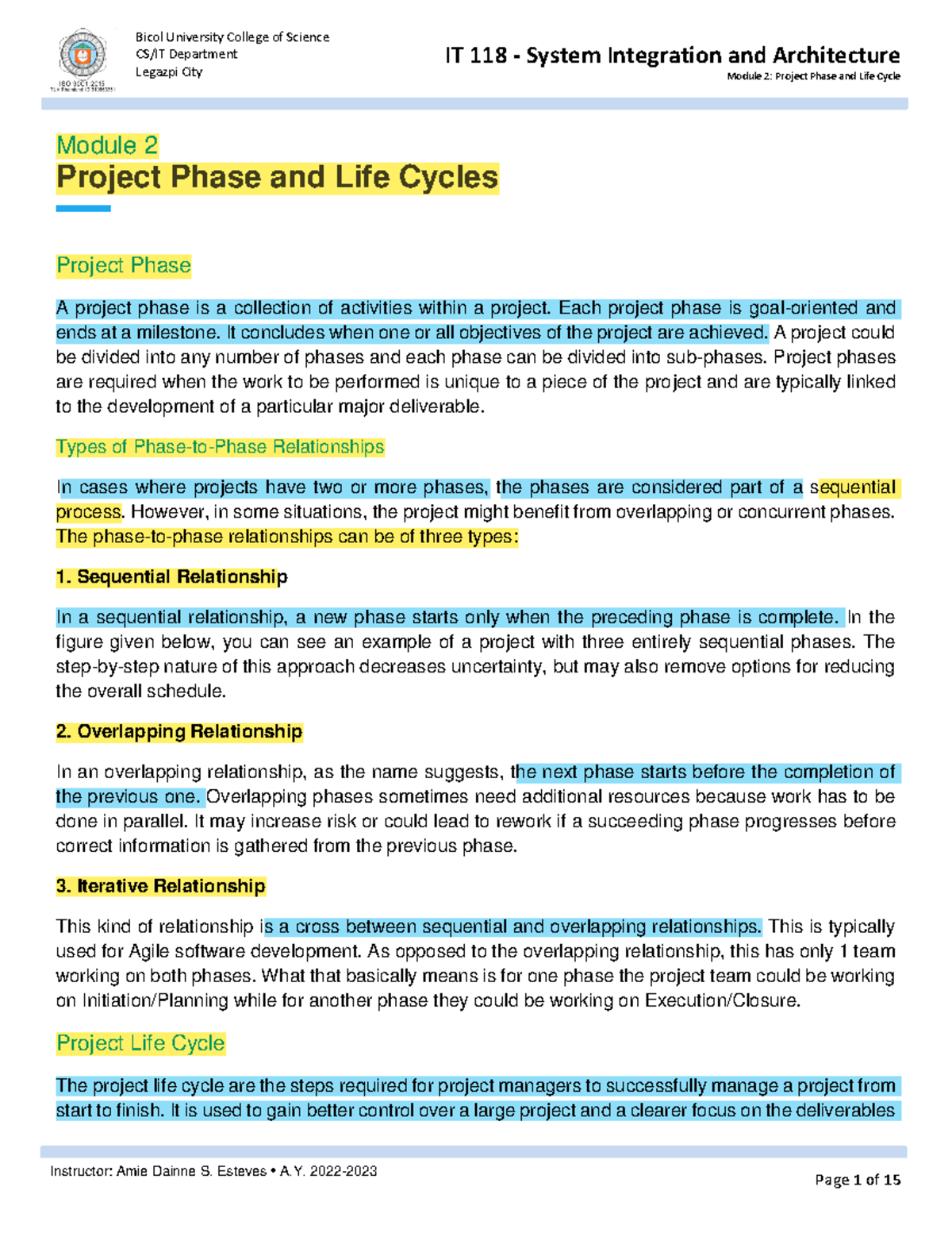 IT 118 - SIA - Module 2: Project Phases & Life Cycle Overview - Studocu