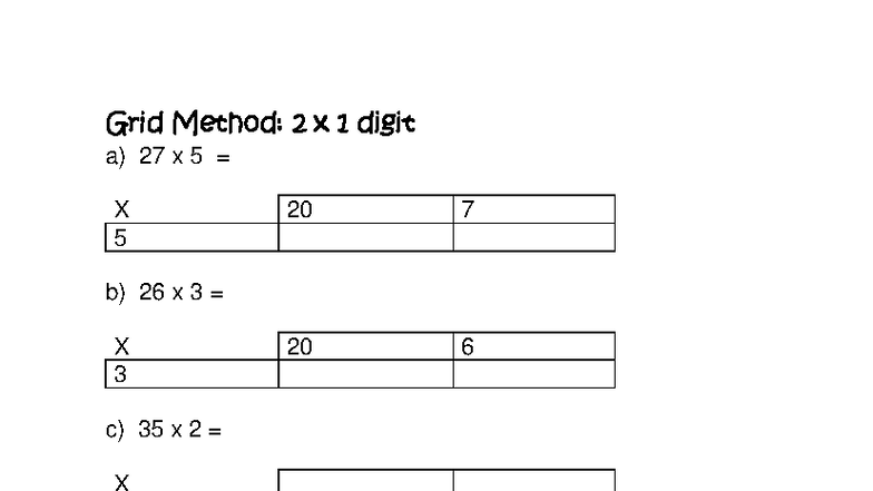 Grid Method - Homework with challenge - Mathematics - Grid Method: 2 x ...