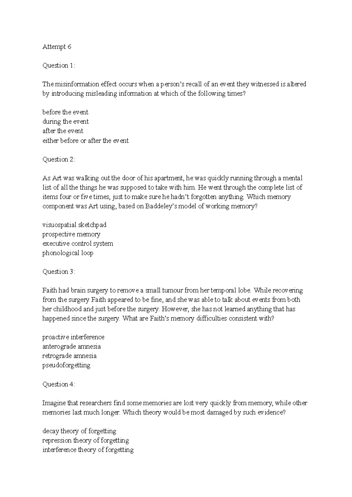 Psyc Chapter 7 Quiz 6: Memory Processes and Theories - Studocu