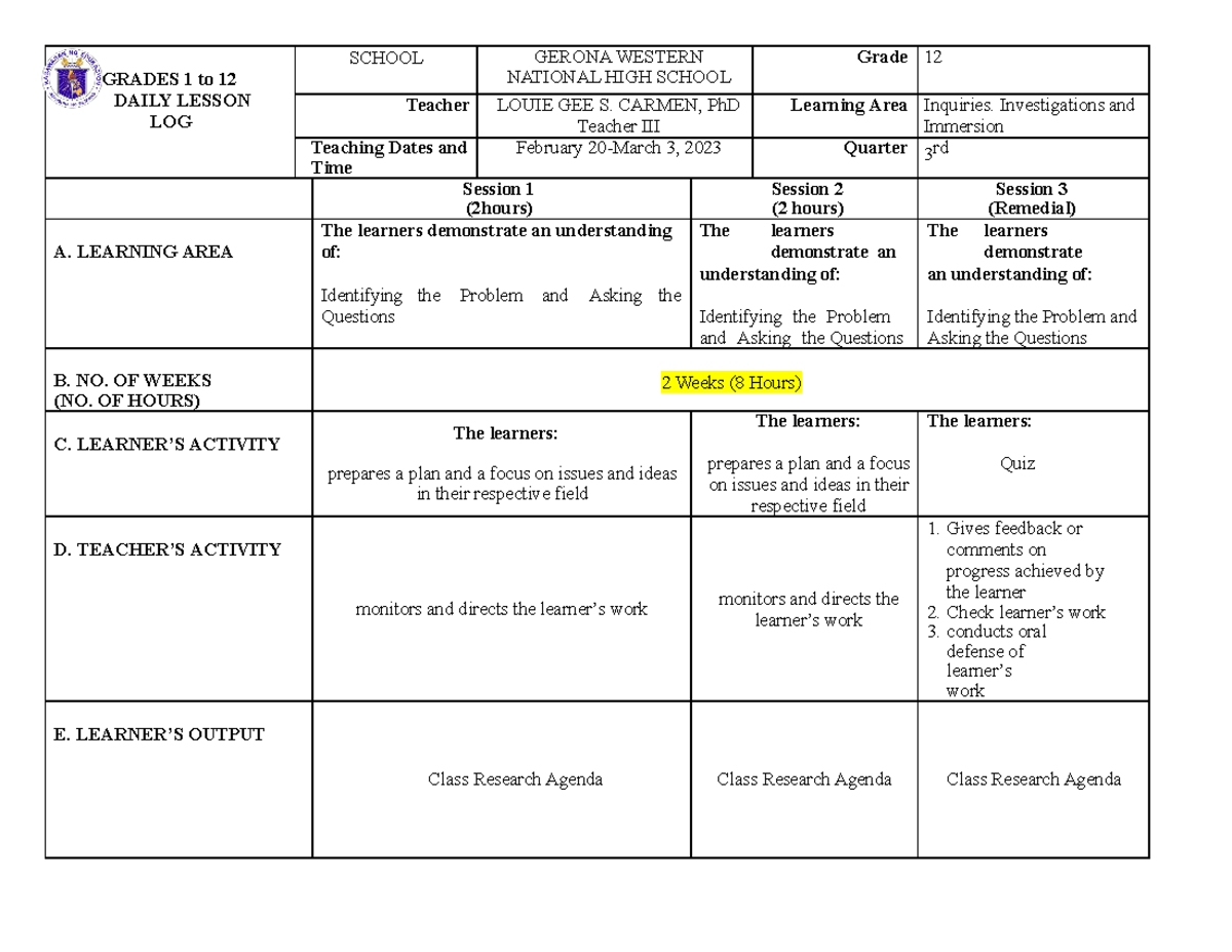 III-DLL-Wee K2 - Daily Lesson Log - GRADES 1 to 12 DAILY LESSON LOG ...