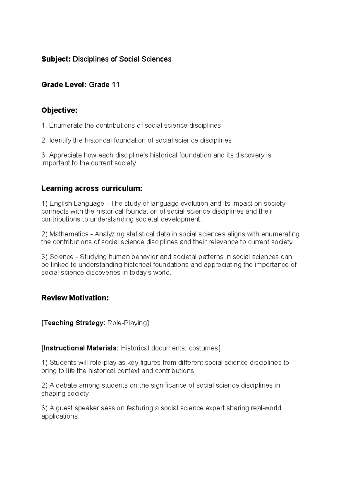 Lesson plan - Subject: Disciplines of Social Sciences - Subject ...