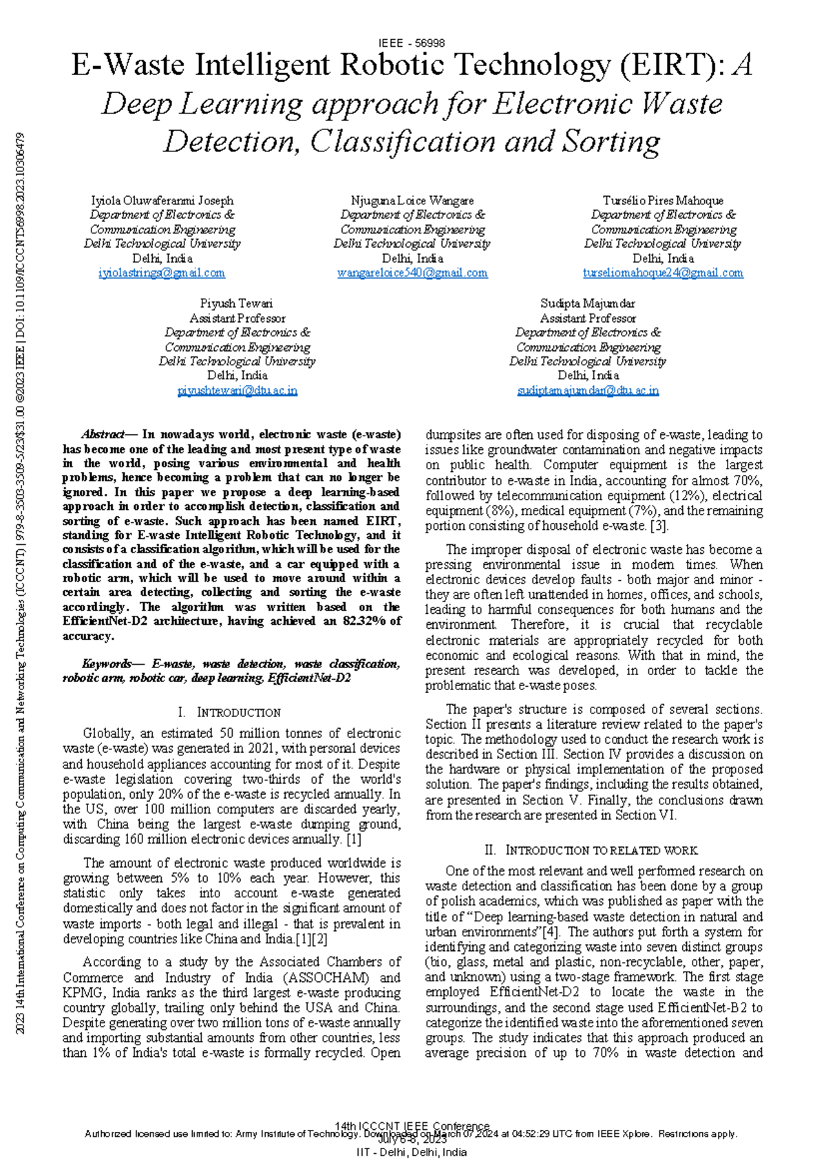 E-Waste Intelligent Robotic Technology EIRT A Deep Learning approach ...
