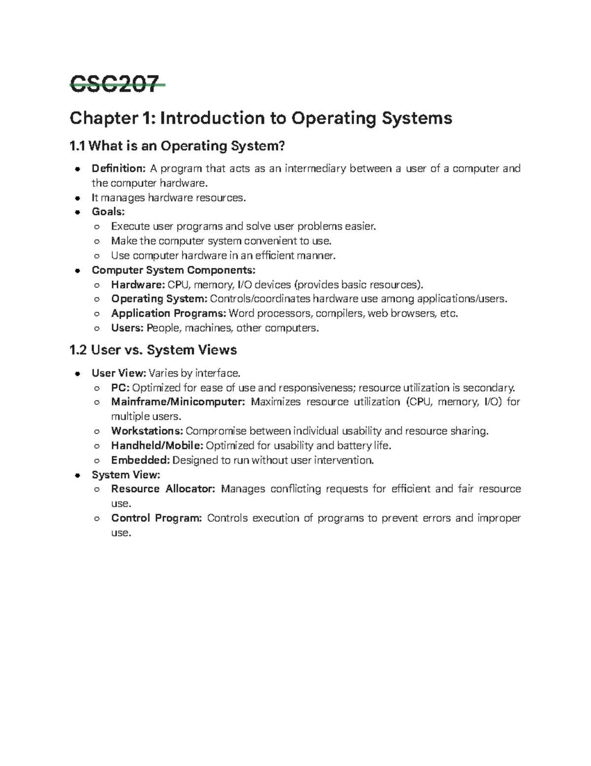 CSC207 Chapter 1: Intro to Operating Systems and Key Concepts - Studocu