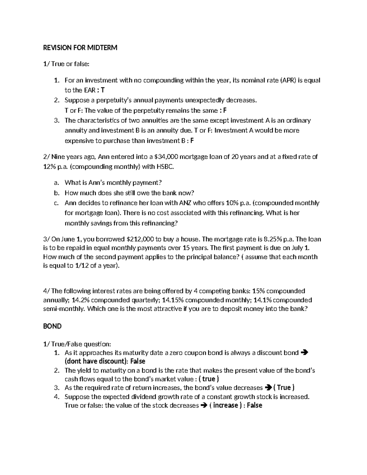 Revision for Midterm Exam: Finance Concepts & Questions - Studocu