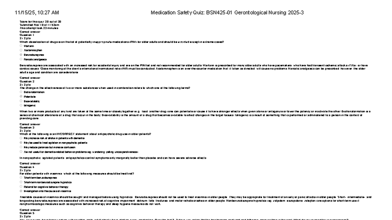 Medication Safety Quiz BSN425-01: Gerontological Nursing Insights - Studocu
