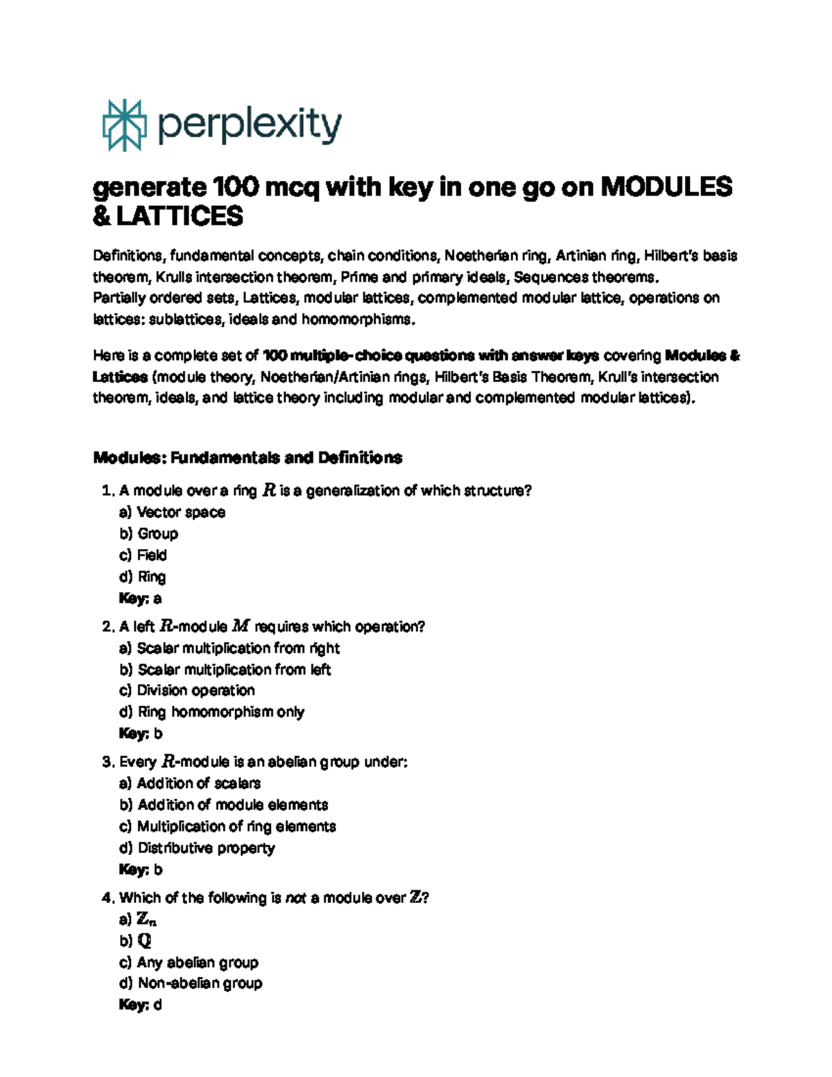 100 MCQs with Answer Keys on Modules & Lattices (MATH 301) - Studocu