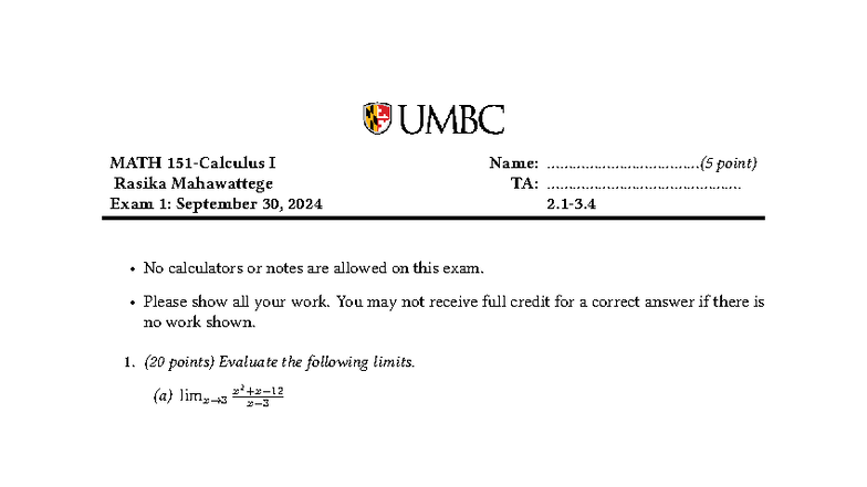 Exam 1 - MATH 151: Limits, Continuity, and Derivatives - Studocu