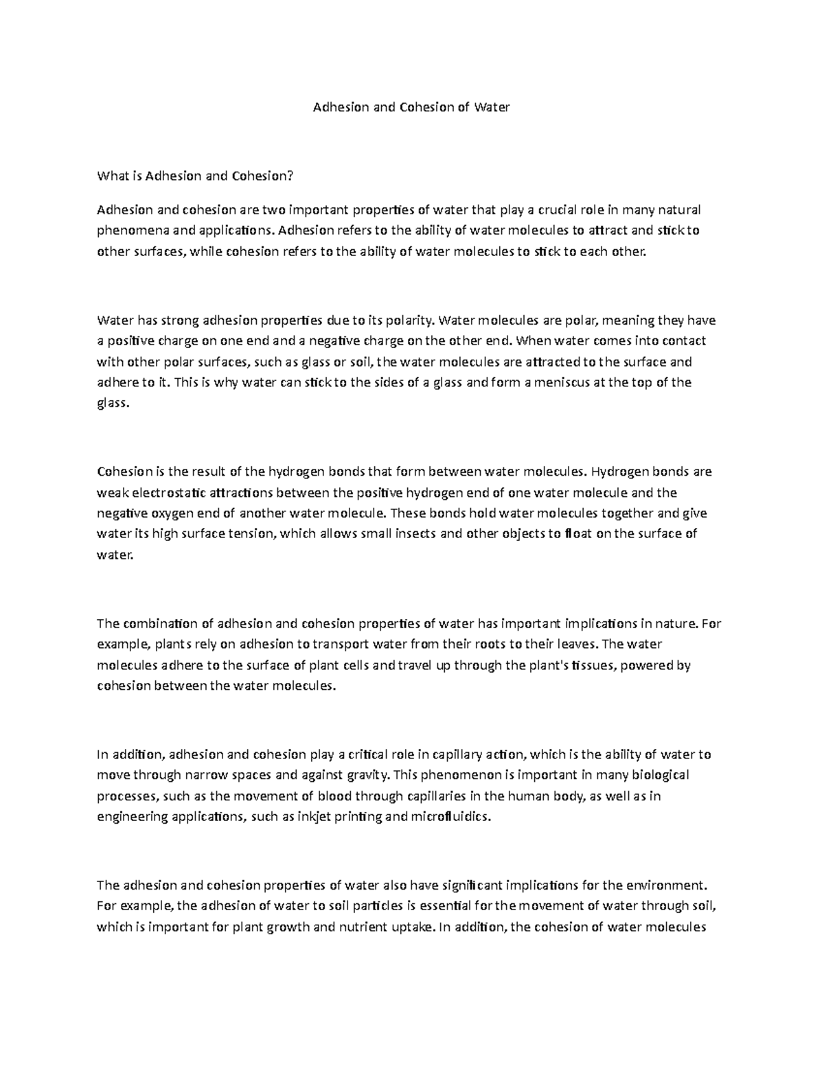 Understanding Water's Adhesion and Cohesion Properties - Studocu