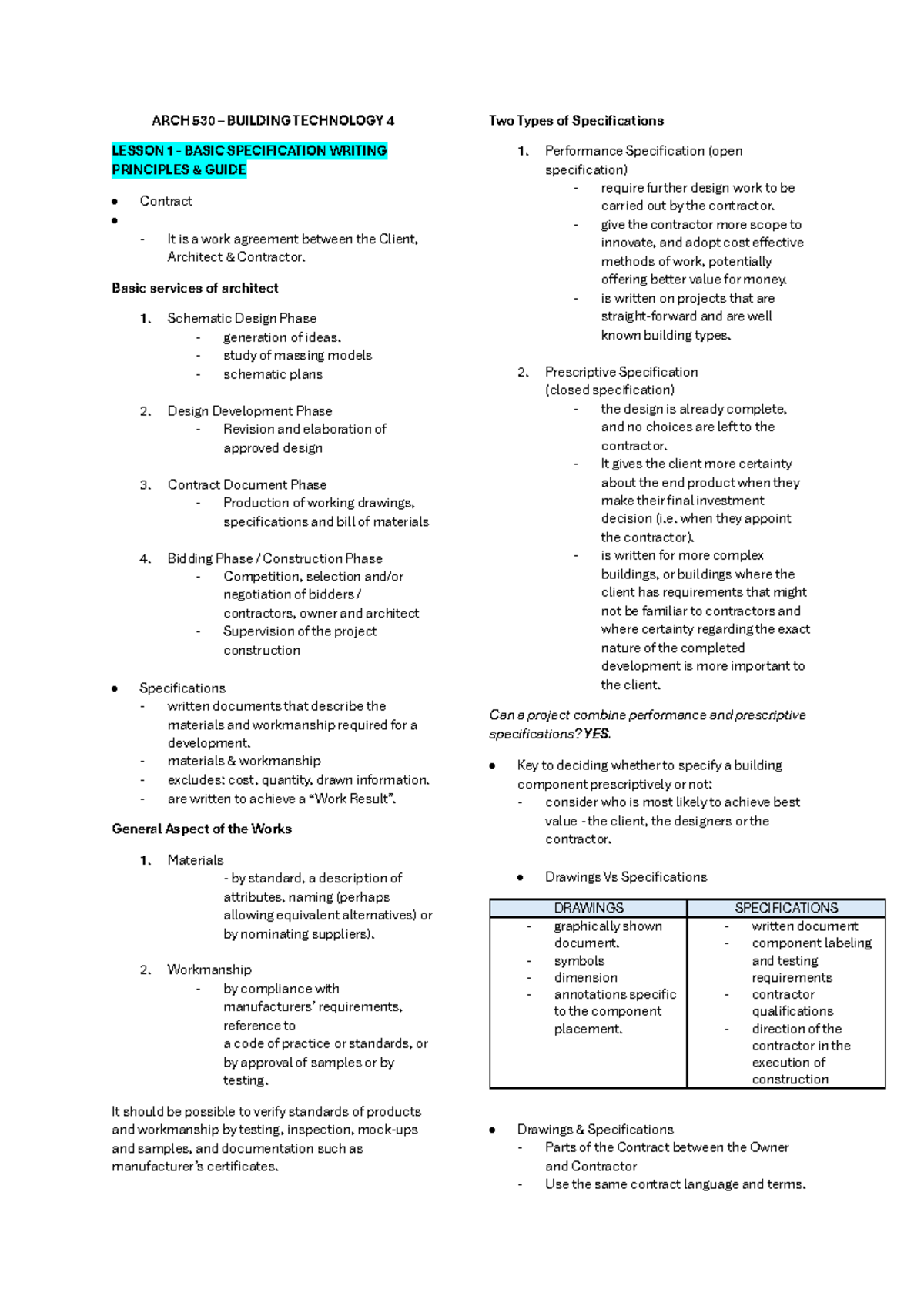 ARCH 530 BT4 Midterm Reviewer: Specification Writing Principles and Techniques - Studocu