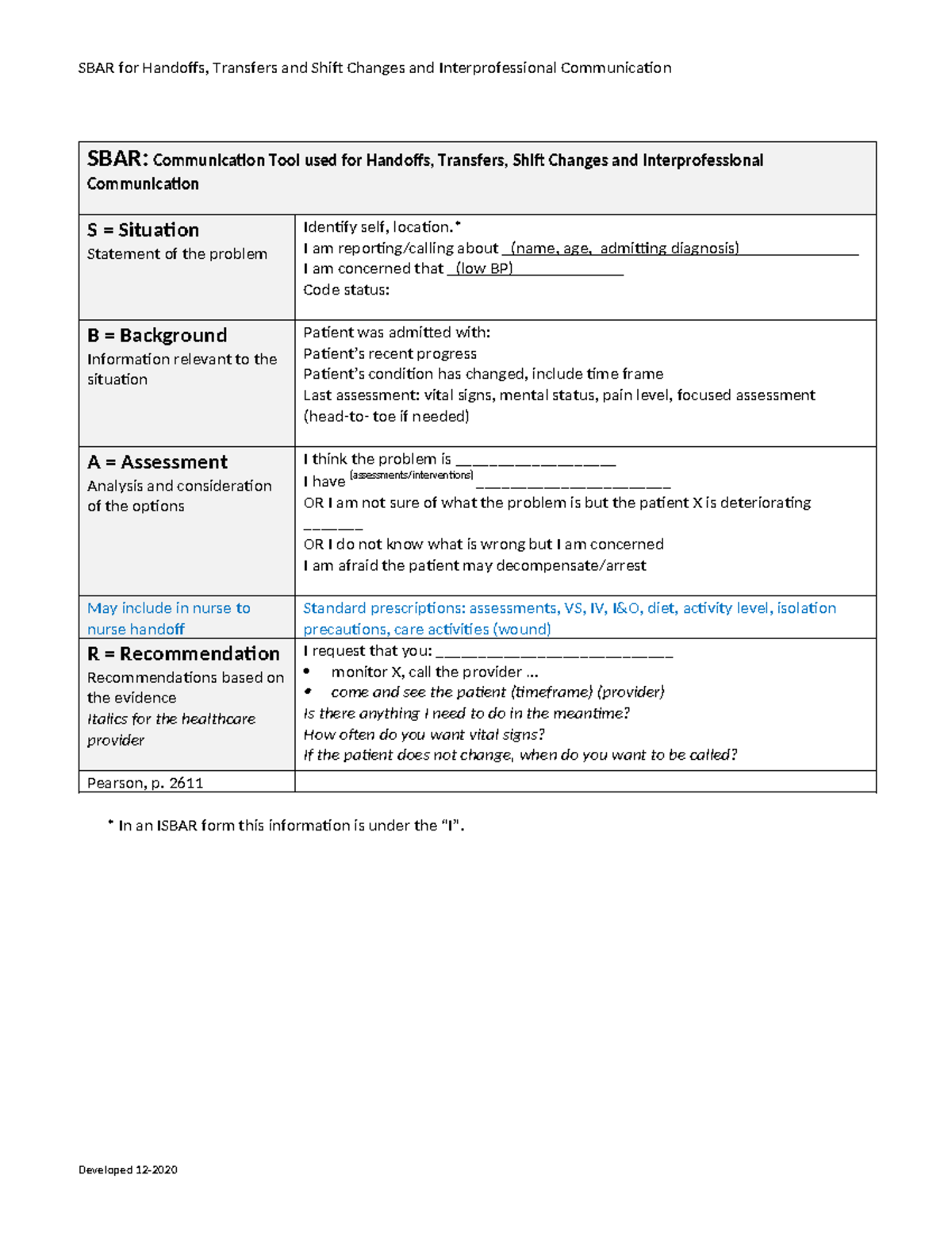 SBAR Pearson - SBAR TOOL - SBAR for Handoffs, Transfers and Shift ...