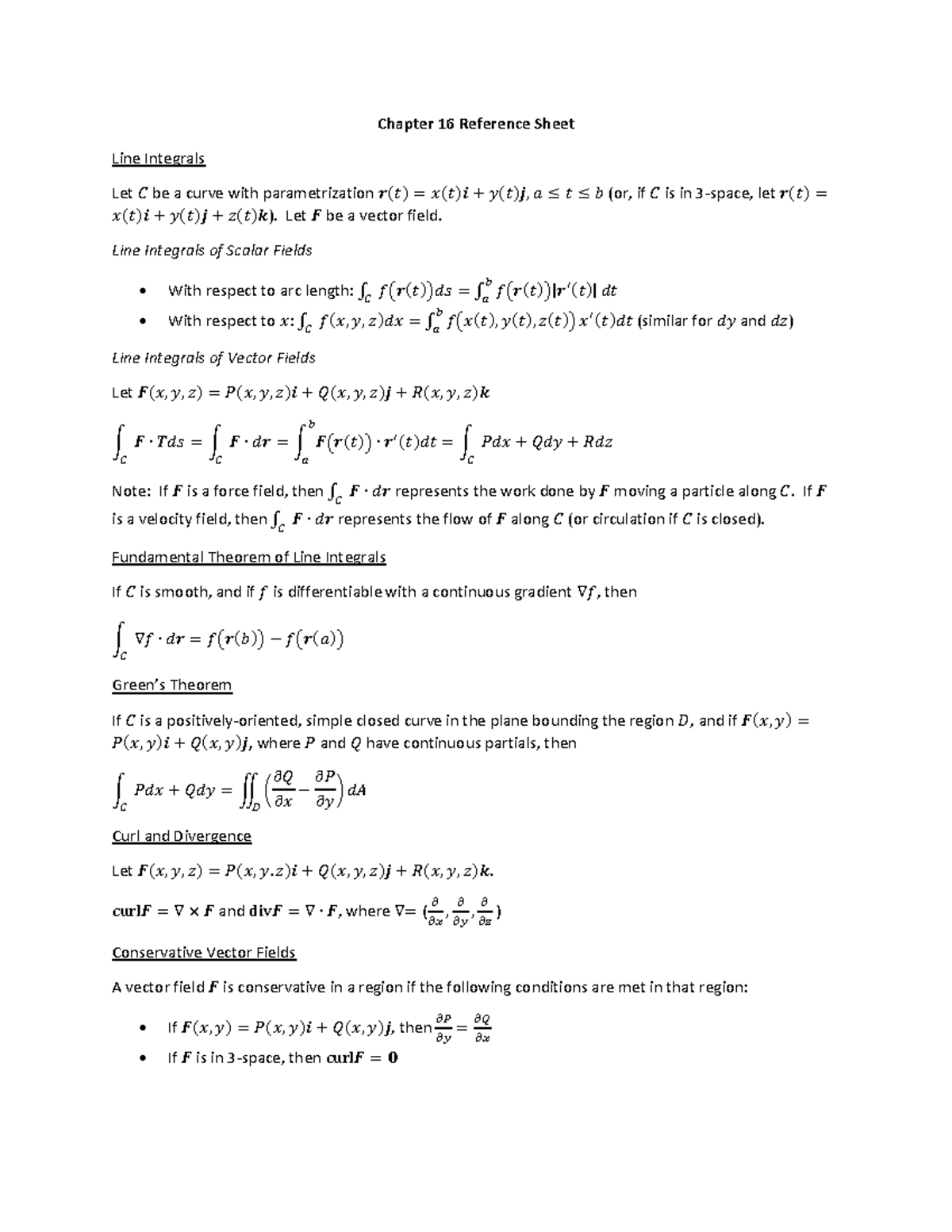 Vector Calculus Reference Sheet: Line Integrals (Chapter 16) - Studocu