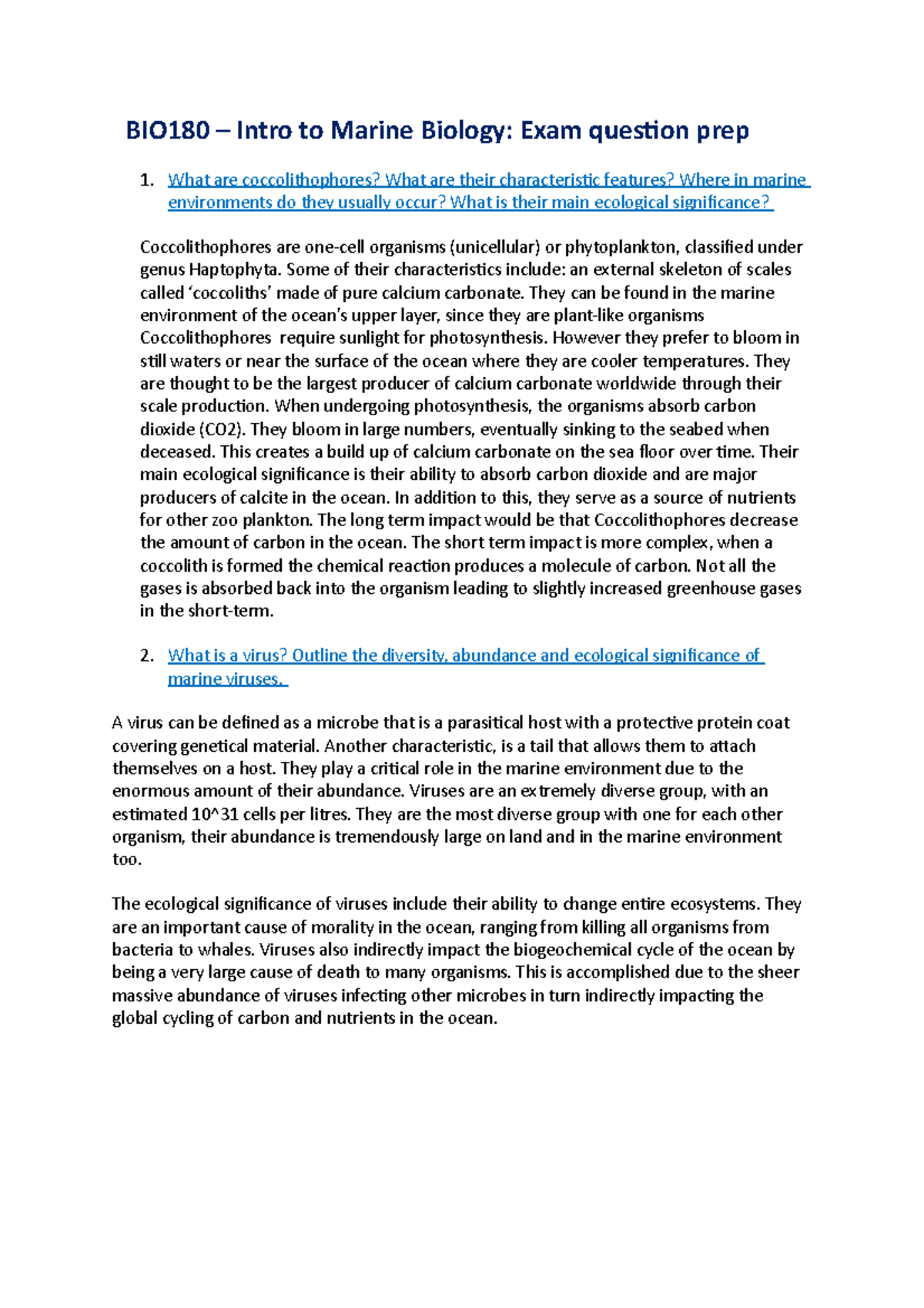 BIO180 – Marine Biology Final Exam Prep: Questions & Answers (2019 ...