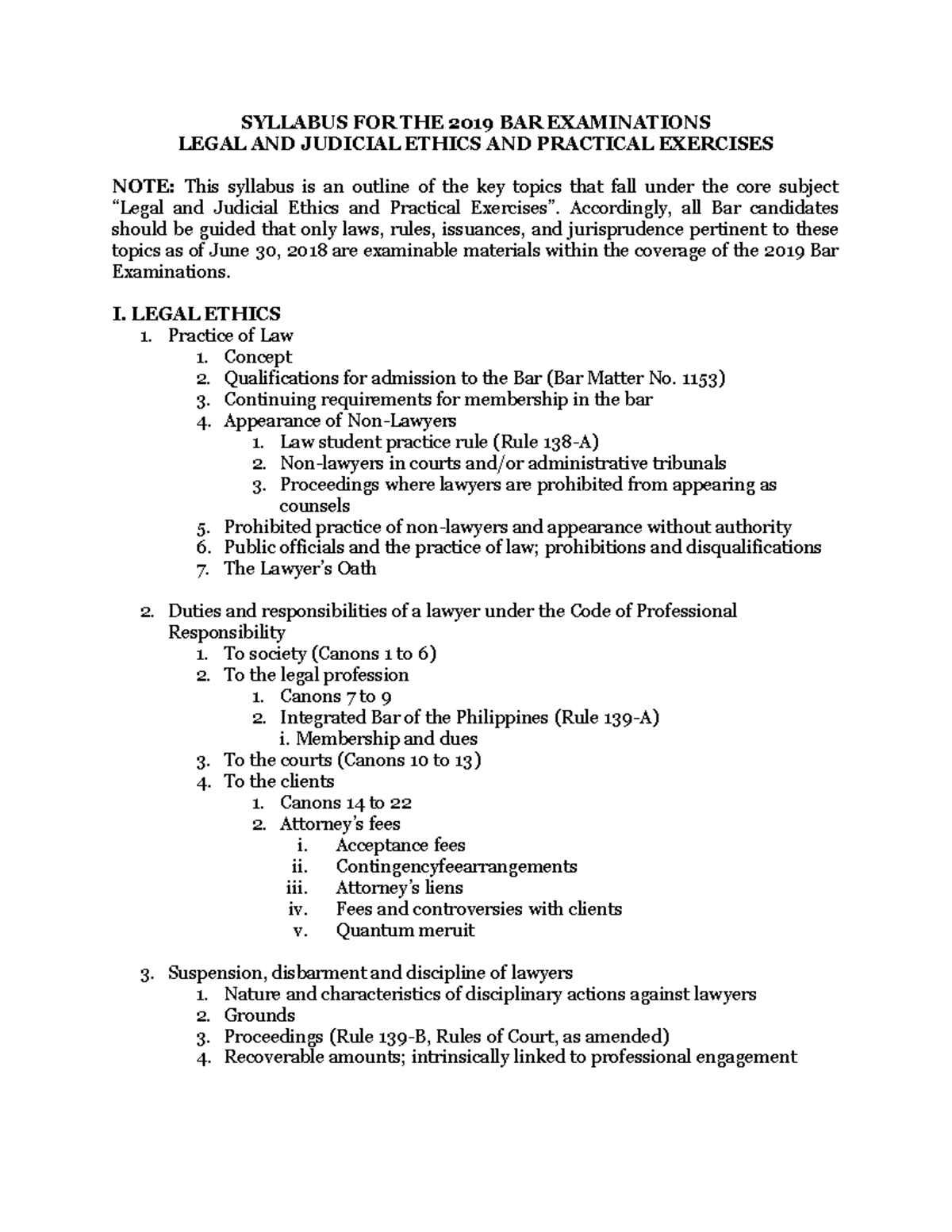 2019 BAR Exam Syllabus: Legal & Judicial Ethics Overview - Studocu