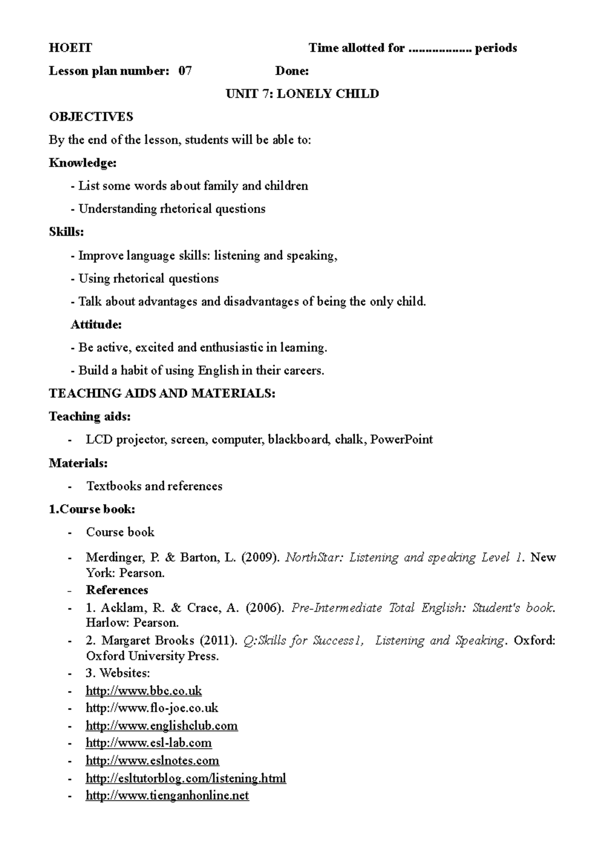 Giao an 7 Speaking 1 - HOEIT Time allotted for ...