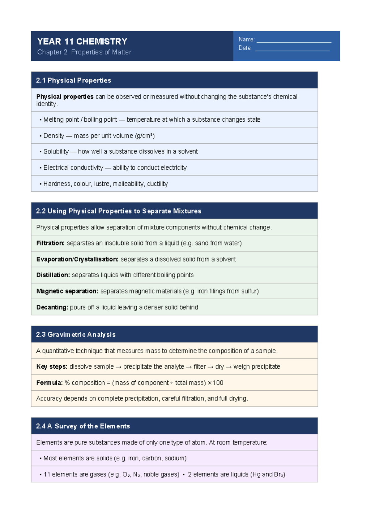 YEAR 11 CHEMISTRY: Chapter 2 - Properties of Matter Worksheet - Studocu
