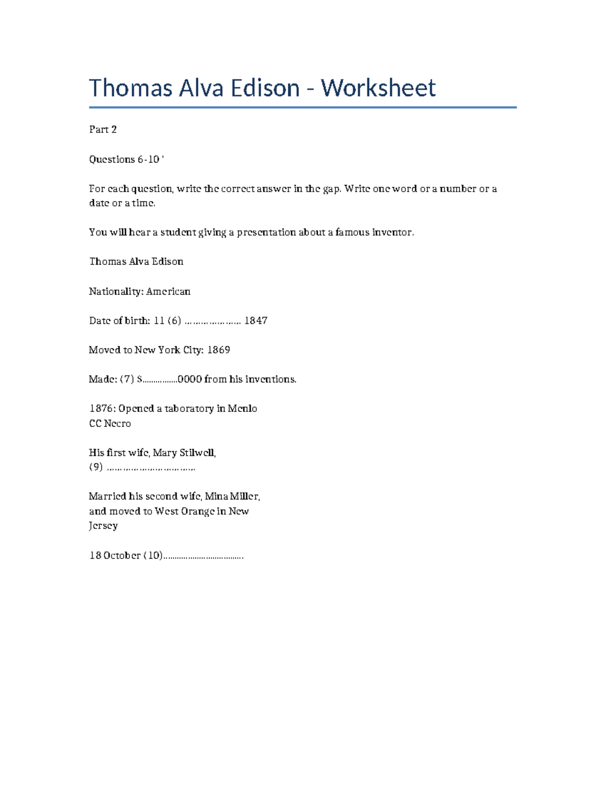 Thomas Alva Edison Worksheet - Thomas Alva Edison - Worksheet Part 2 ...