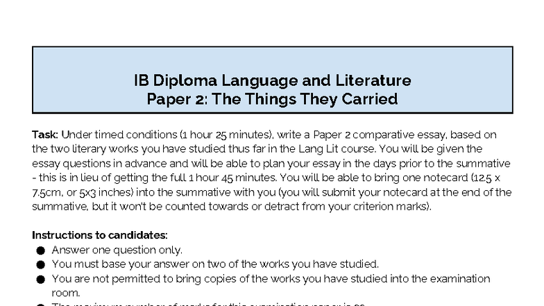 Paper 2 task sheet The Things They Carried - IB Diploma Language and ...