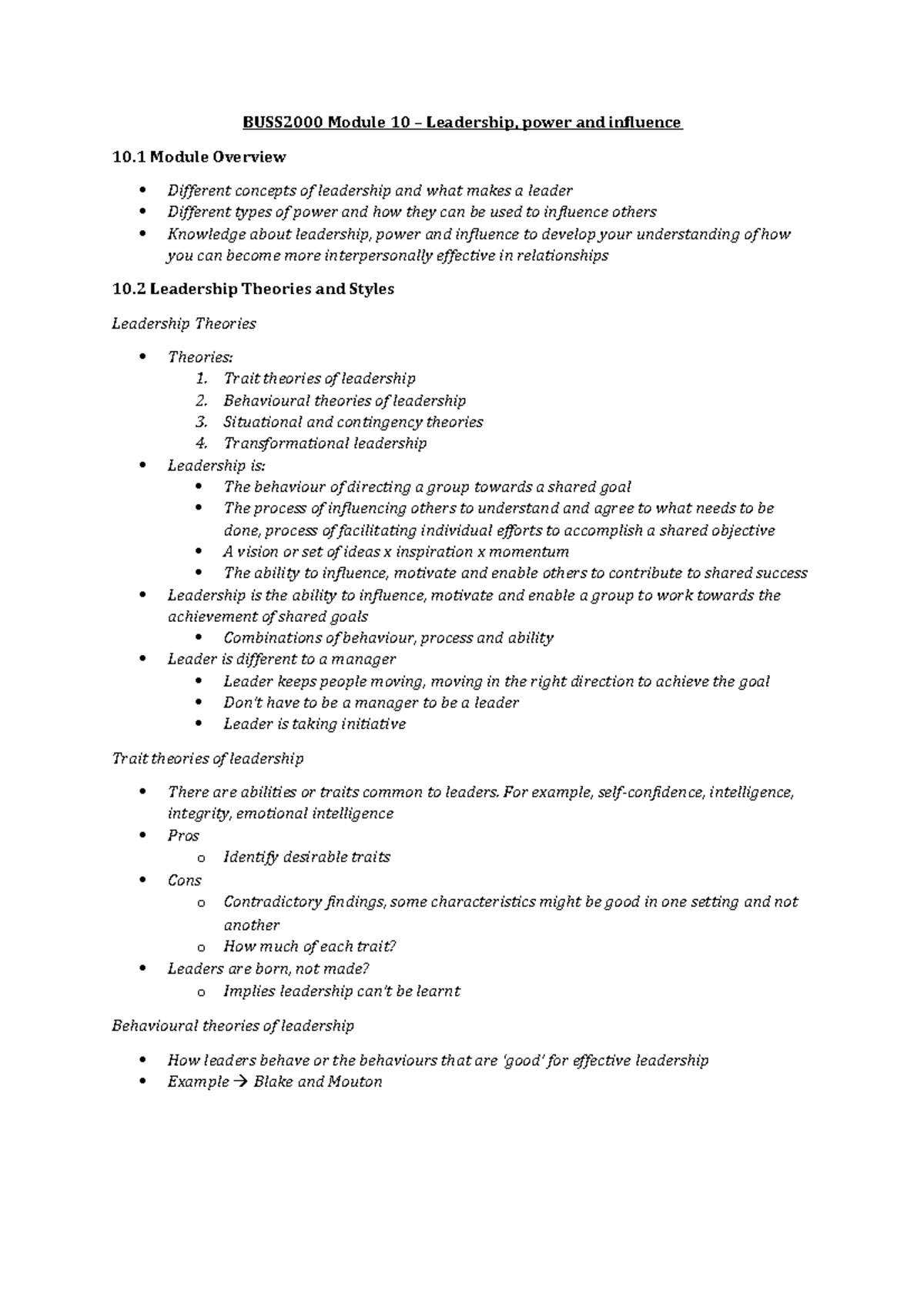 BUSS2000 Module 10 - Trait theories of leadership 2. Behavioural ...