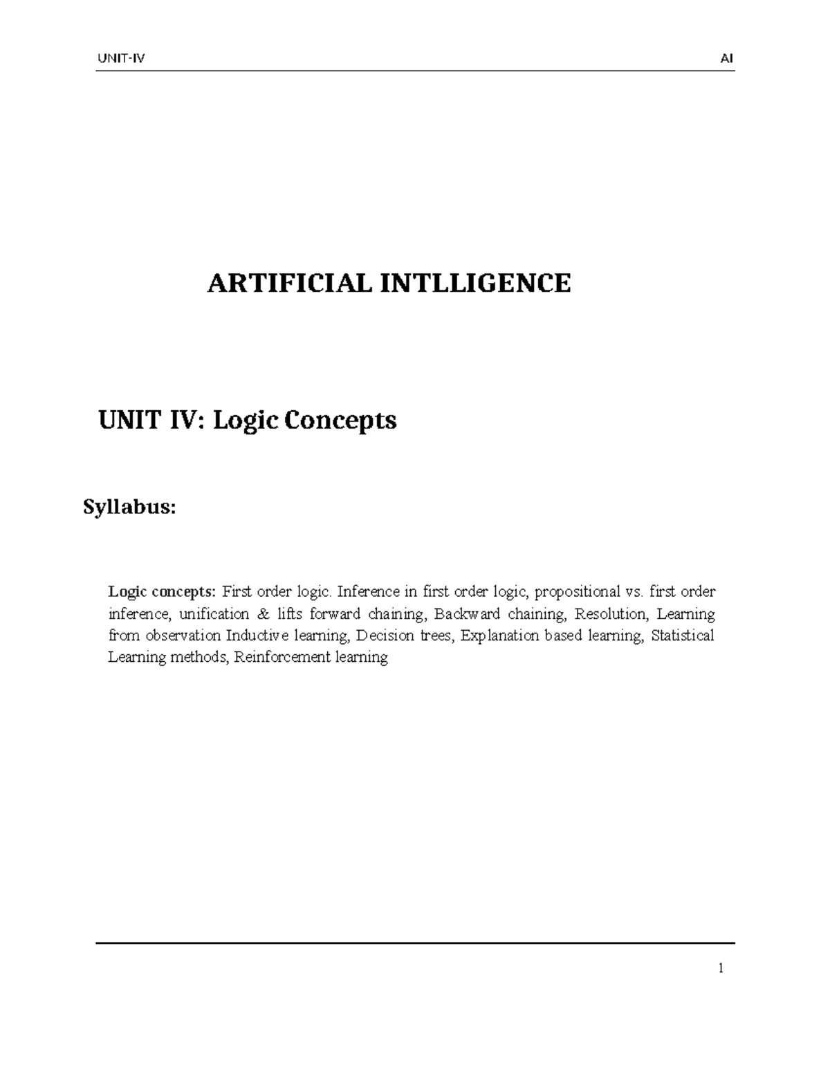 AI-UNIT-IV: Logic Concepts and Inference Techniques Lecture Notes - Studocu