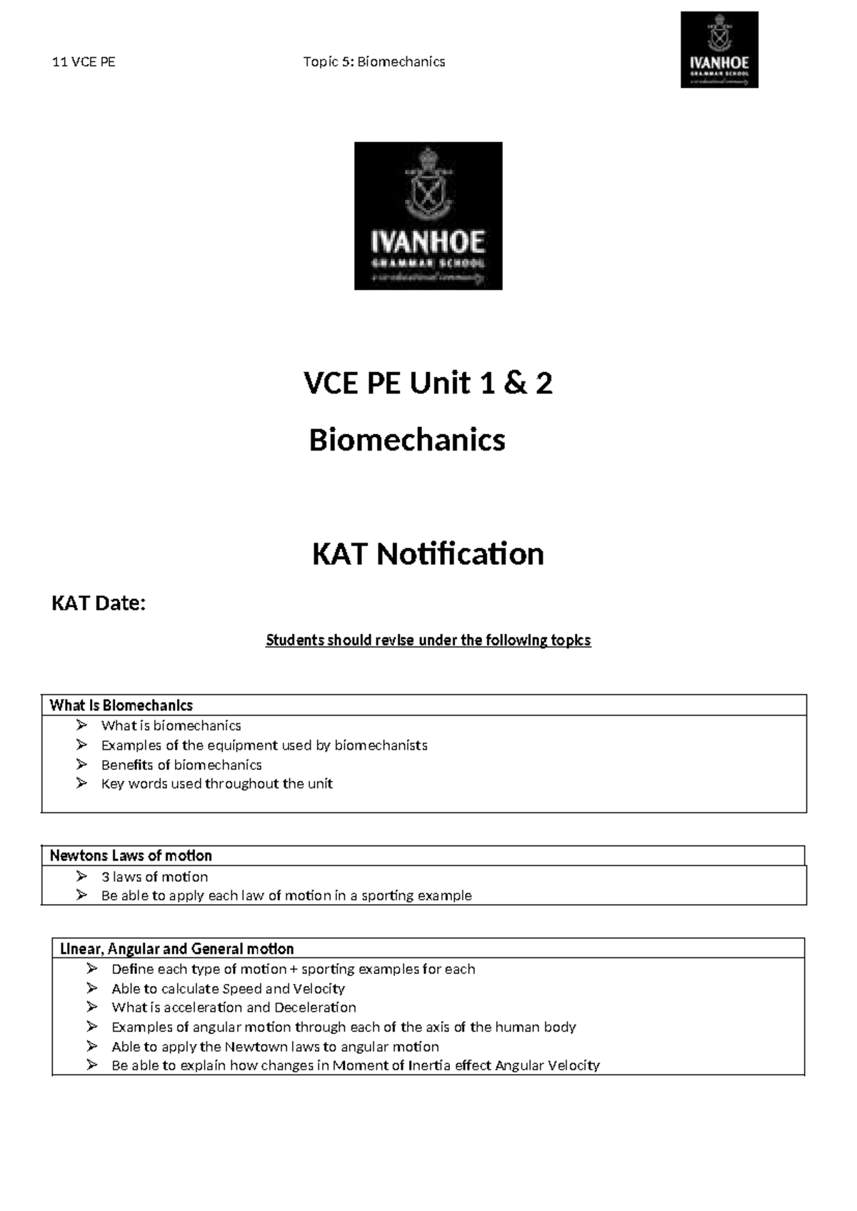Biomechanics Revision VCE PE Unit 1 & 2 Exam Study Guide - Studocu