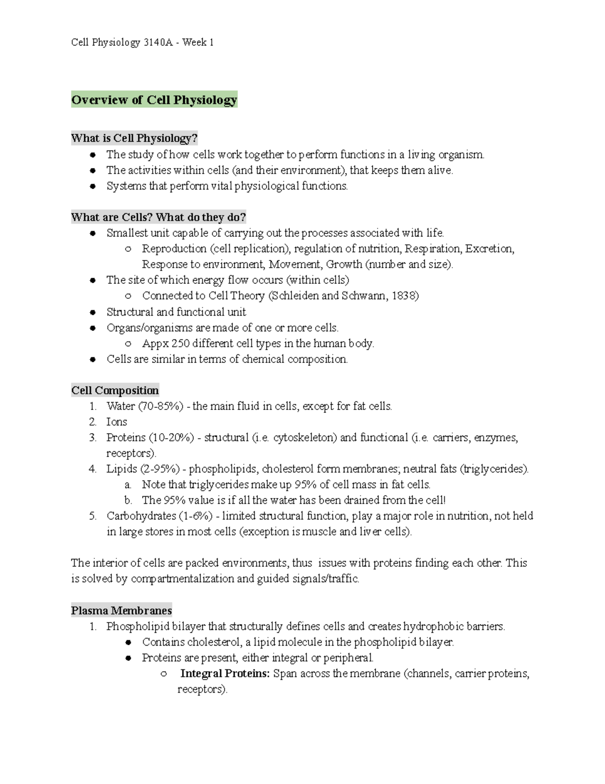 Cell Physiology 3140A Week 1: Overview of Cellular Functions - Studocu