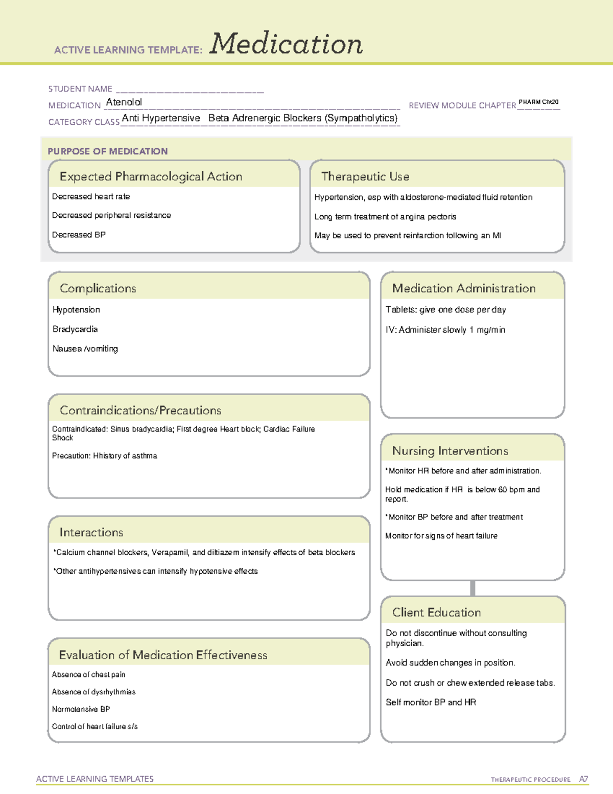 Medication Drug Card: Atenolol Overview & Administration Notes - Studocu