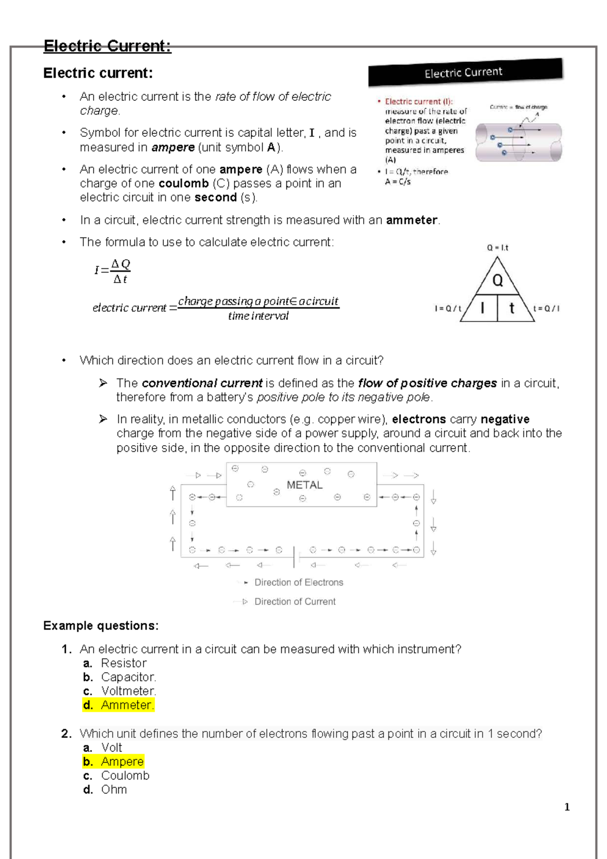 (2.1) Electric Current: Notes & Answers on Flow of Charge - Studocu