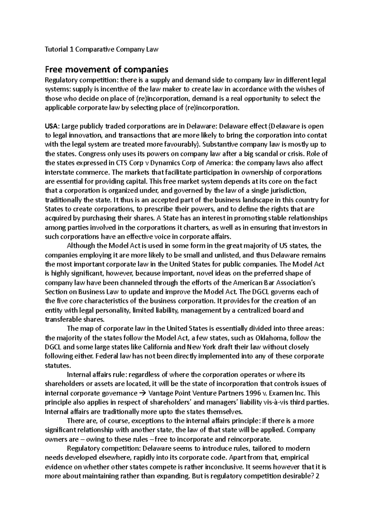 COMP 101: Tutorial 1 on Comparative Company Law - Free Movement ...