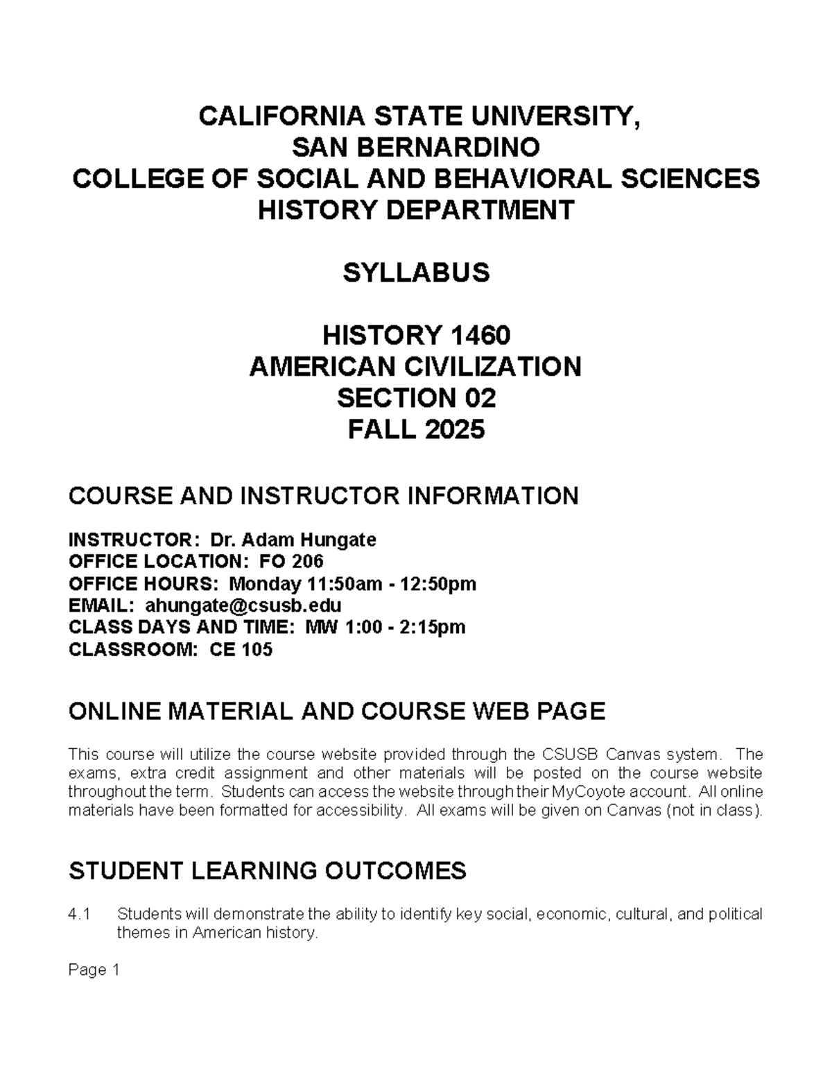 HISTORY 1460 Syllabus: American Civilization - Fall 2025, Sec 02 - Studocu