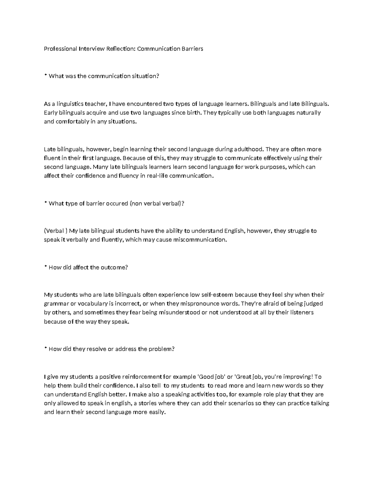 Professional Interview Reflection: Communication Barriers in L2 ...