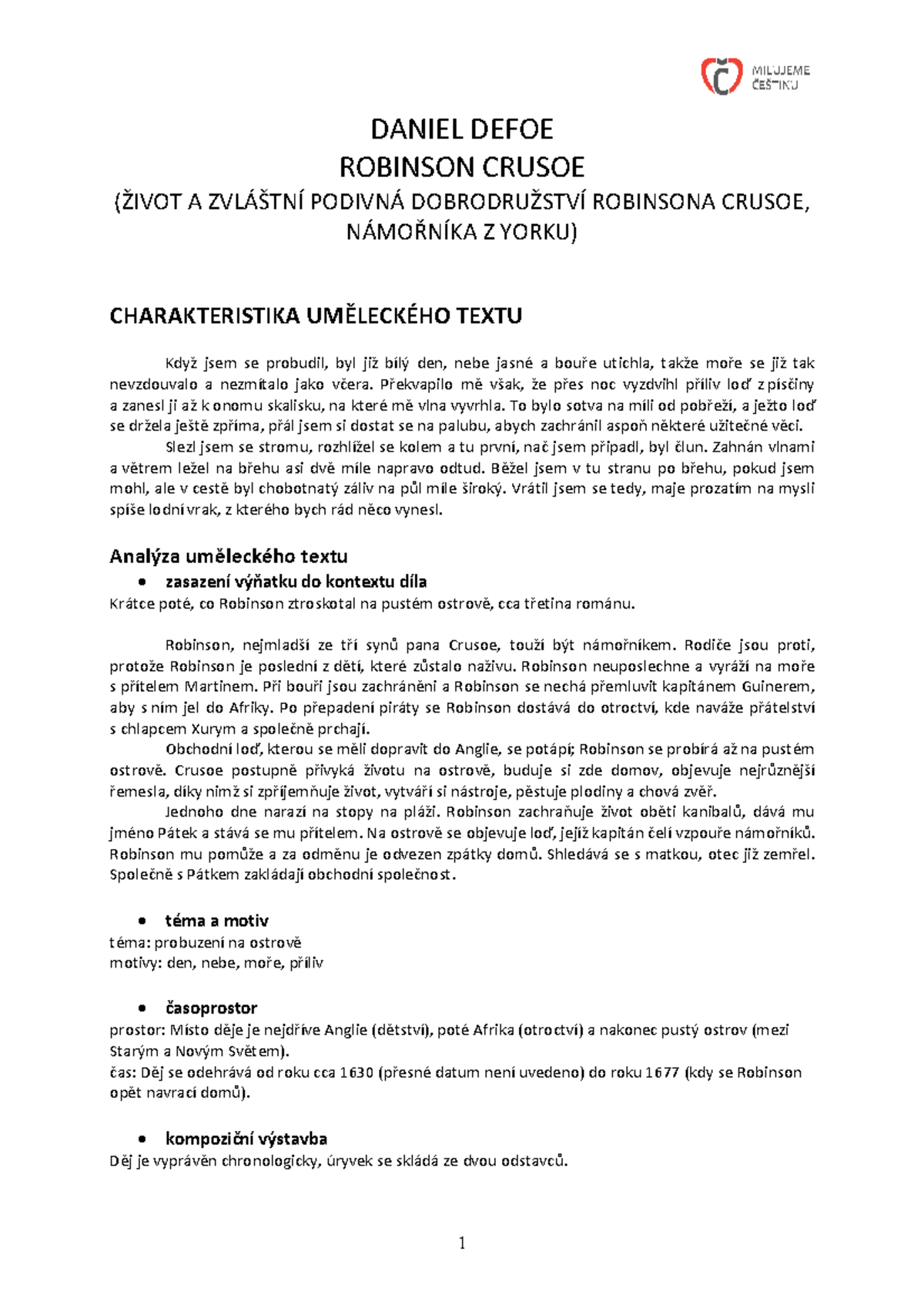 DANIEL DEFOE - ROBINSON CRUSOE: ANALÝZA UMĚLECKÉHO TEXTU - Studocu