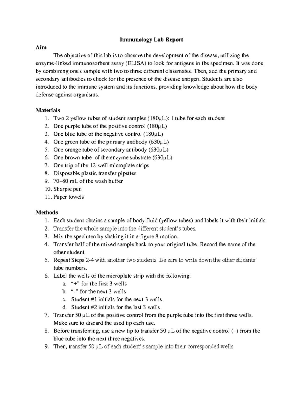 Immunology LAB Report - Immunology Lab Report Aim The objective of this ...